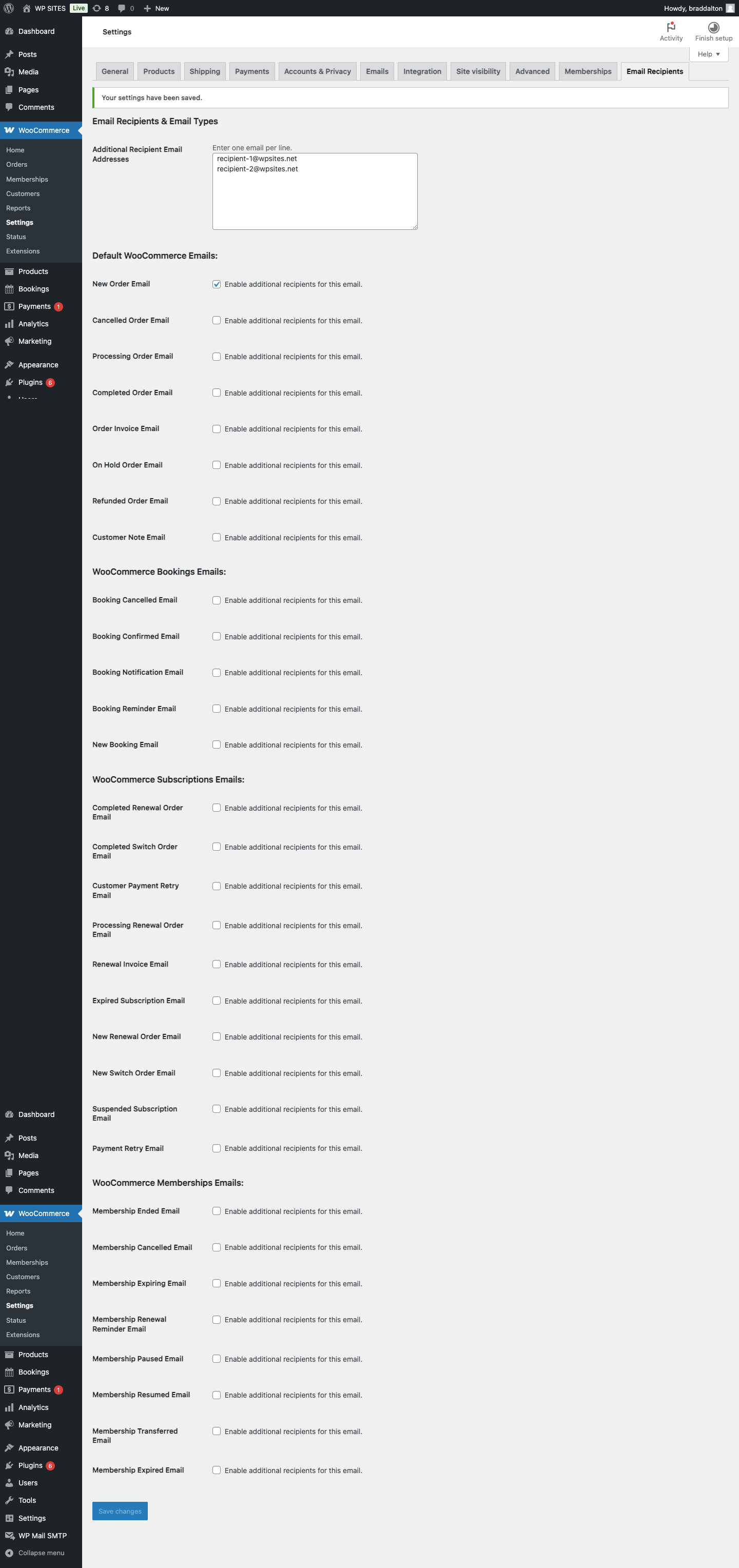Additional Email Recipients for WooCommerce Bookings Subscriptions & Memberships